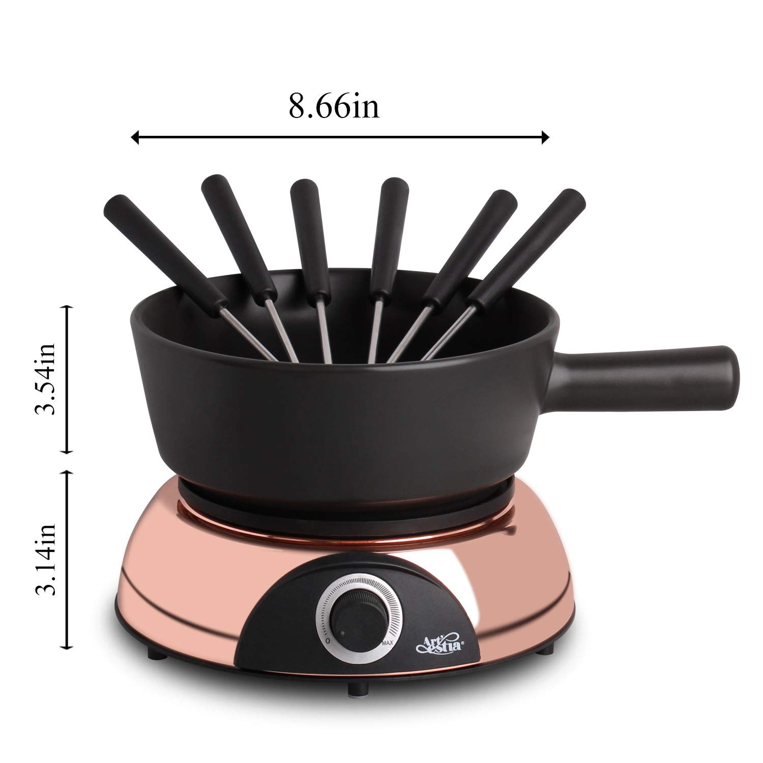 Artestia 2-QT Electric Fondue Pot for Chocolate Cheese, 1500W Oil Fondue Pot Set with Adjustable Temperature, 6 Fondue Forks, Black Ceramic Pot with Rose-Gold Base