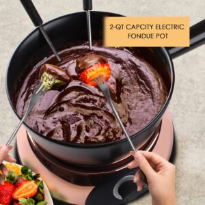 Artestia 2-QT Electric Fondue Pot for Chocolate Cheese, 1500W Oil Fondue Pot Set with Adjustable Temperature, 6 Fondue Forks, Black Ceramic Pot with Rose-Gold Base