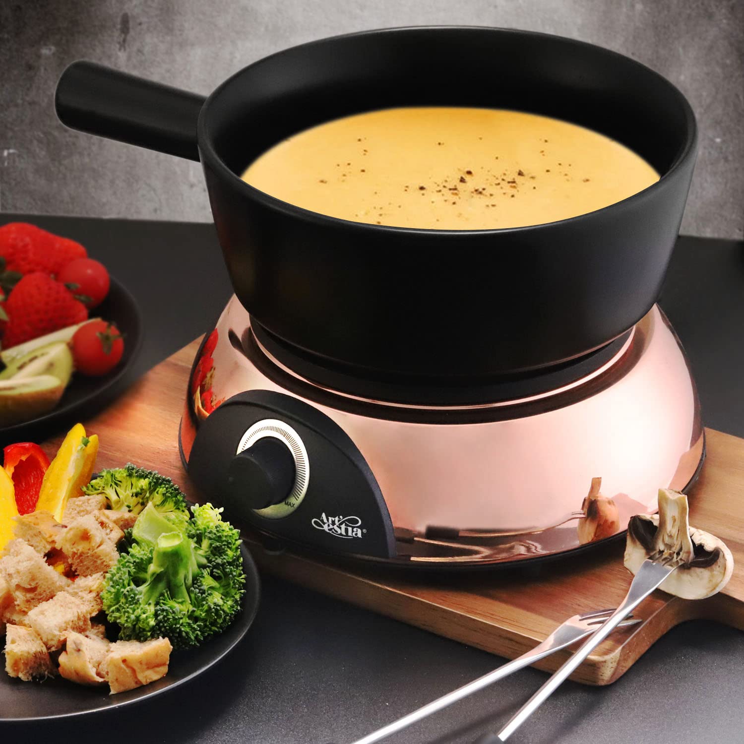 Artestia 2-QT Electric Fondue Pot for Chocolate Cheese, 1500W Oil Fondue Pot Set with Adjustable Temperature, 6 Fondue Forks, Black Ceramic Pot with Rose-Gold Base