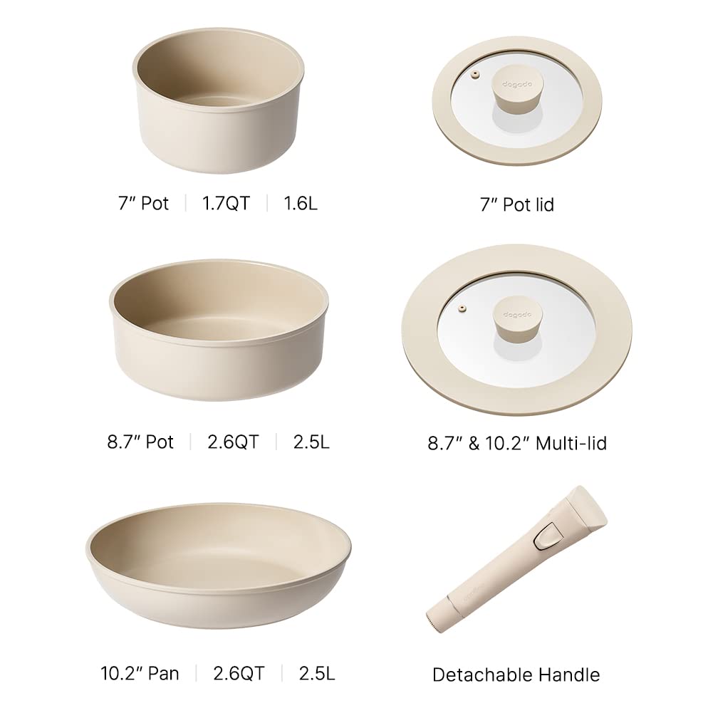 dogado Organic Cookware Set, Nonstick Ceramic 6 Piece, Stackable Pots and Pan, Detachable Removable Handle (Sand Beige)