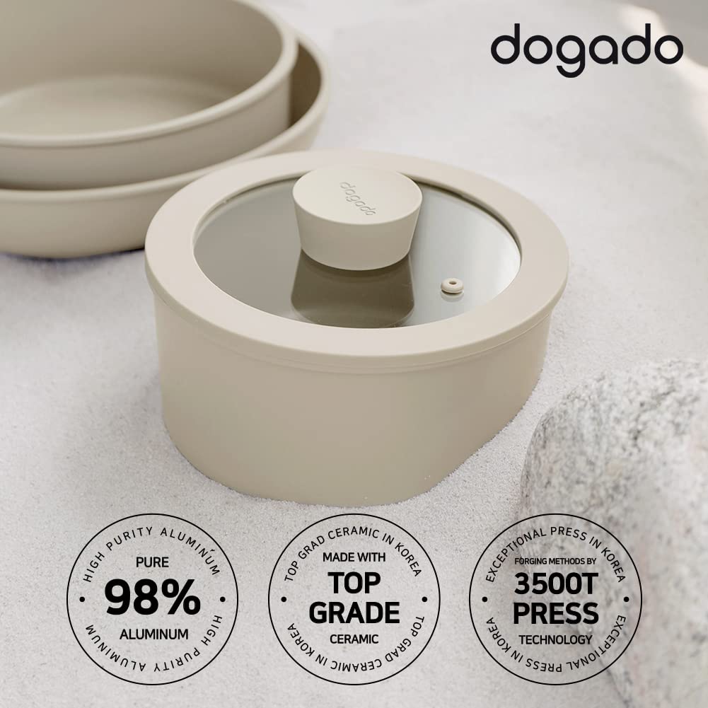 dogado Organic Cookware Set, Nonstick Ceramic 6 Piece, Stackable Pots and Pan, Detachable Removable Handle (Sand Beige)