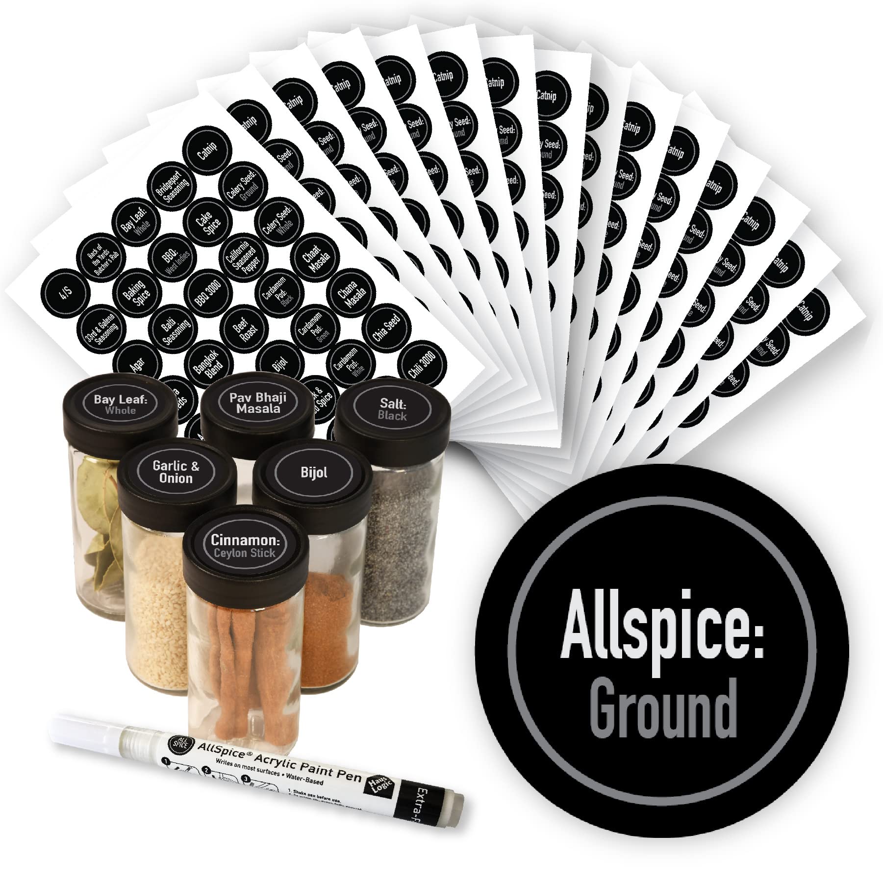 AllSpice Ultimate Spice Label Set 525 Preprinted Water Resistant Round Spice Jar Labels Set 1.5" with Extra Fine White Paint Pen(Modern Black)