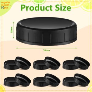 30 Pcs Mason Jar Plastic Lids Regular Mouth Plastic Storage Caps with Rubber Seal Replacement Plastic Lids for Mason Jars Canning Jars and More, Black (70 mm Diameter)