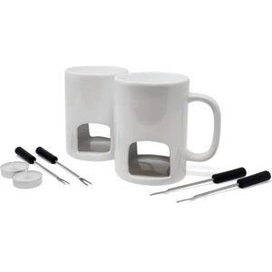 Kovot Personal Fondue Mugs Set of 2 | Ceramic Mugs for Chocolate or Cheese | Includes Forks and Tealights| Double Vented (White)