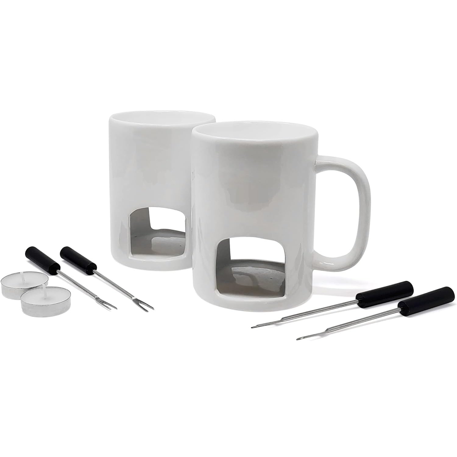 Kovot Personal Fondue Mugs Set of 2 | Ceramic Mugs for Chocolate or Cheese | Includes Forks and Tealights| Double Vented (White)