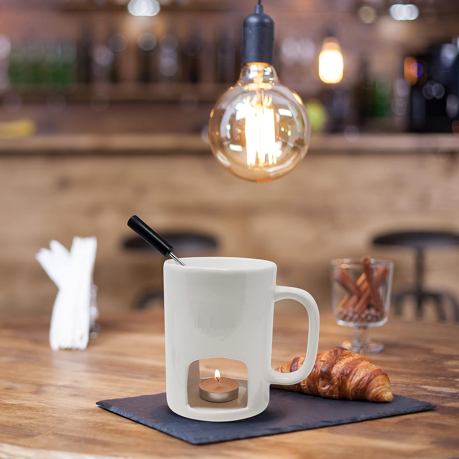 Kovot Personal Fondue Mugs Set of 2 | Ceramic Mugs for Chocolate or Cheese | Includes Forks and Tealights| Double Vented (White)