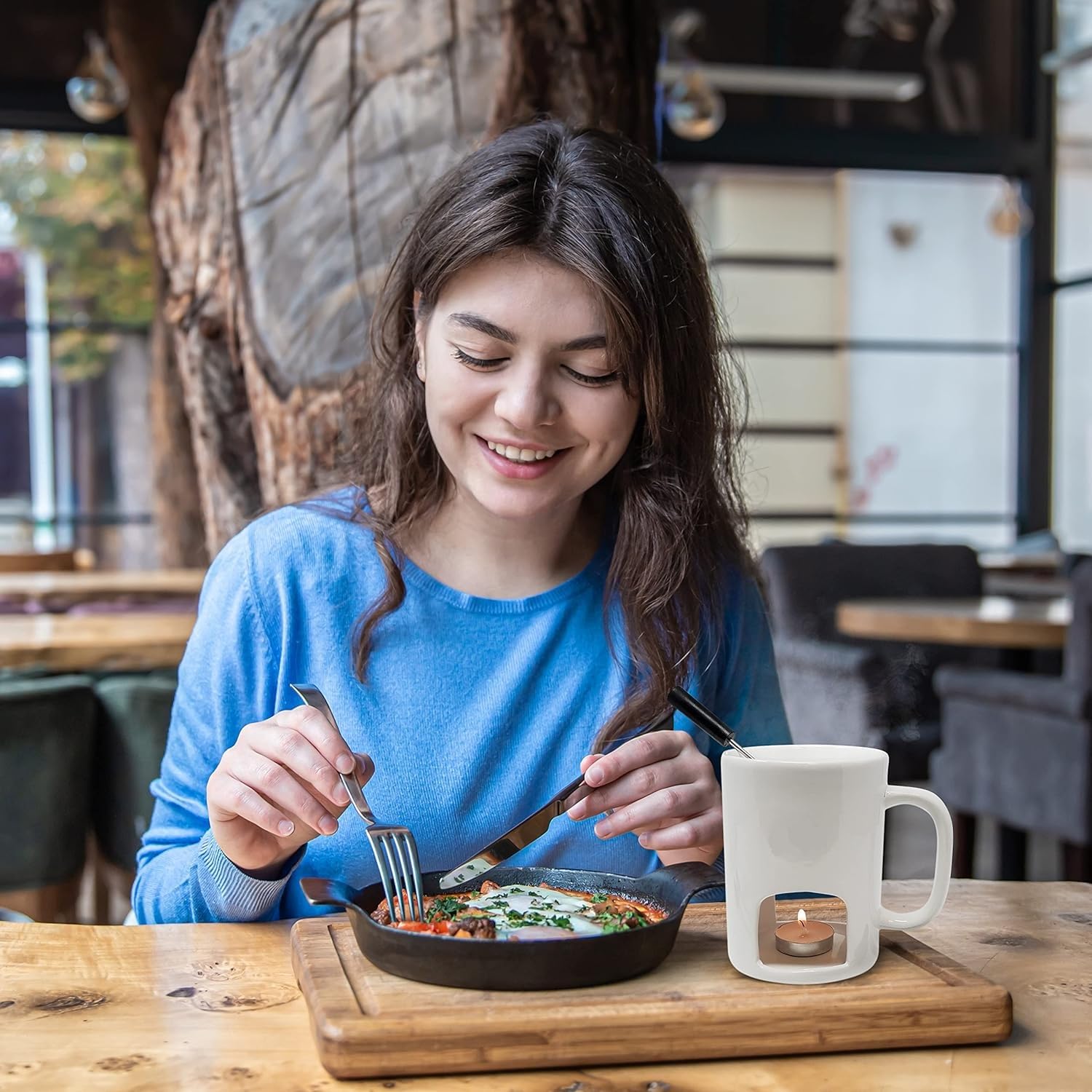 Kovot Personal Fondue Mugs Set of 2 | Ceramic Mugs for Chocolate or Cheese | Includes Forks and Tealights| Double Vented (White)