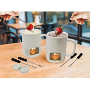 Kovot Personal Fondue Mugs Set of 2 | Ceramic Mugs for Chocolate or Cheese | Includes Forks and Tealights| Double Vented (White)