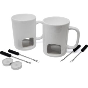 Kovot Personal Fondue Mugs Set of 2 | Ceramic Mugs for Chocolate or Cheese | Includes Forks and Tealights| Double Vented (White)