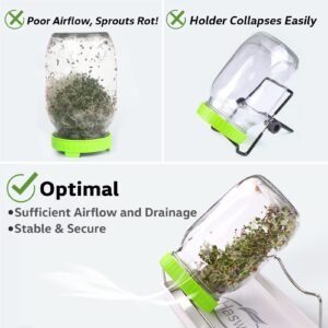 Sprouting Jar Kit (JARS NOT INCLUDED) - 4 Premium Plastic Sprout Lids with 316 Stainless Steel Screen for Wide Mouth Mason Jars, Tray, Sprouter Stand - Growing Broccoli Seeds, Alfalfa and more