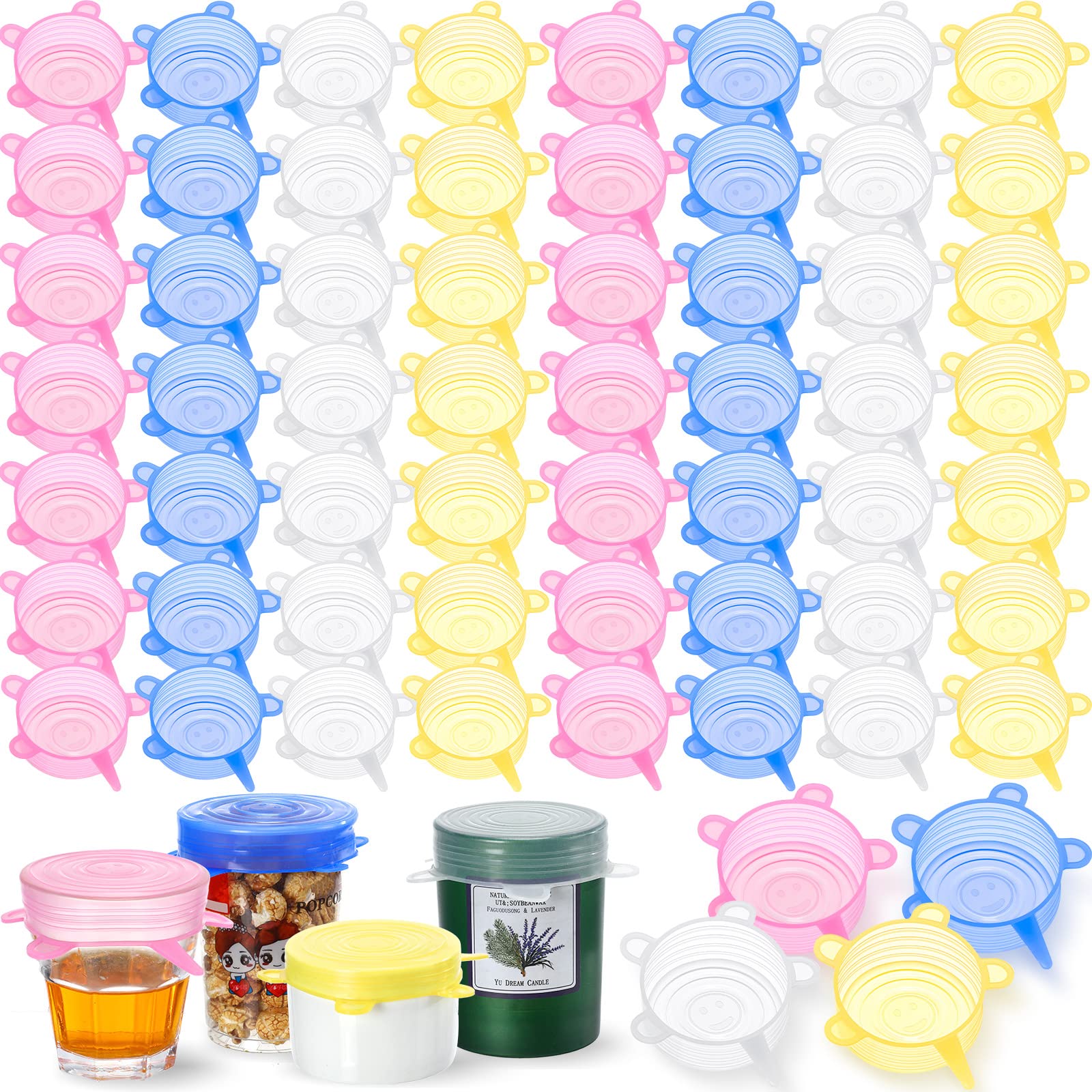 60 Pack Silicone Stretch Lids 2.6 Inch Reusable Silicone Lids Microwave Cover for Food Bowl Covers Silicone Covers for Food Storage Freezer Microwave 2.6-3.3 Inch Container Cup Can Pot, 4 Colors