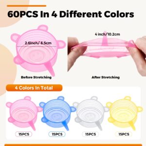 60 Pack Silicone Stretch Lids 2.6 Inch Reusable Silicone Lids Microwave Cover for Food Bowl Covers Silicone Covers for Food Storage Freezer Microwave 2.6-3.3 Inch Container Cup Can Pot, 4 Colors