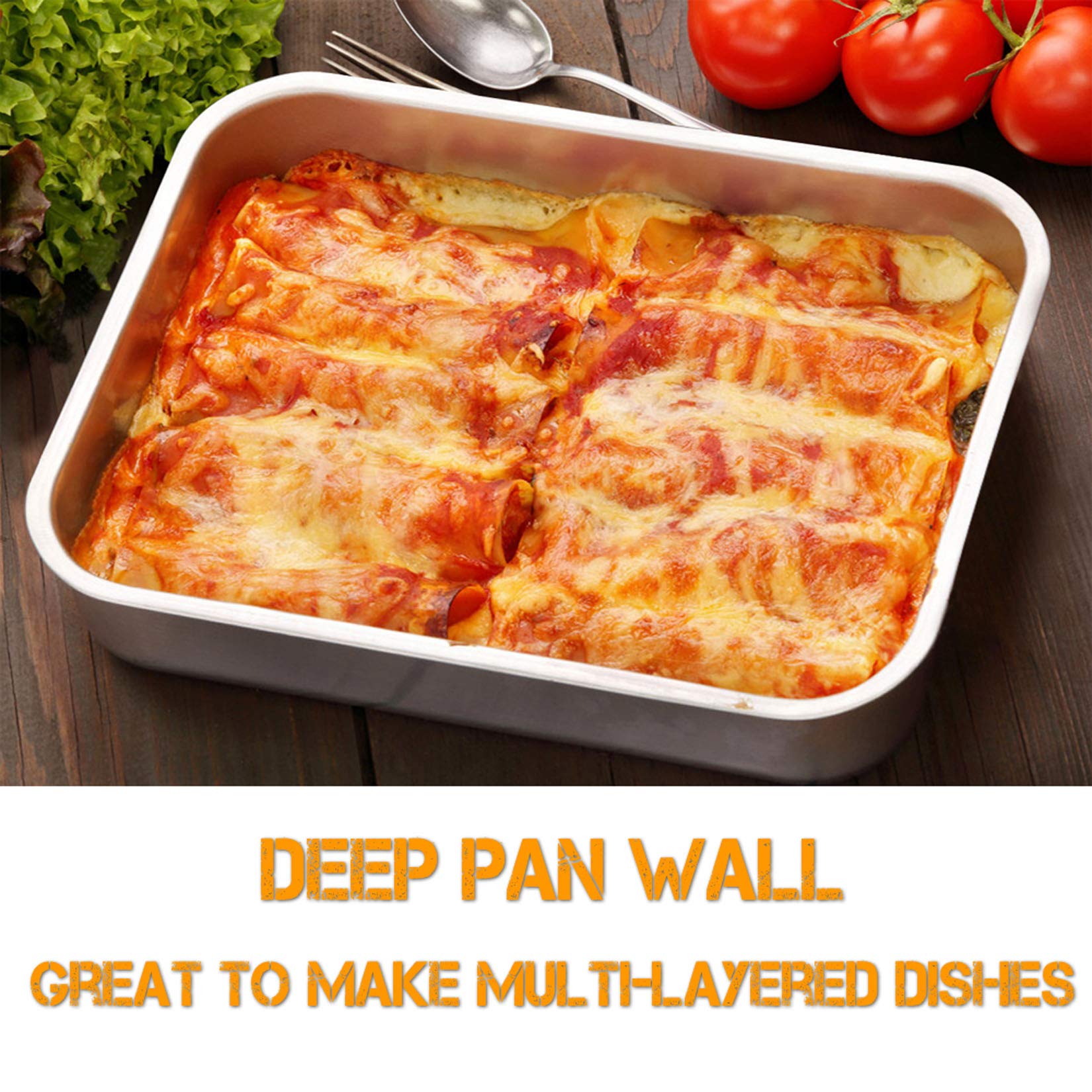 P&P CHEF Deep Lasagna Pan Set (12.7’’ & 10.7 Stainless Steel Rectangular Baking Pan for Brownie/Cake/Meat, Non-Toxic & Heavy Duty, Deep Side & Rolled Rim, Brushed Surface & Dishwasher Safe