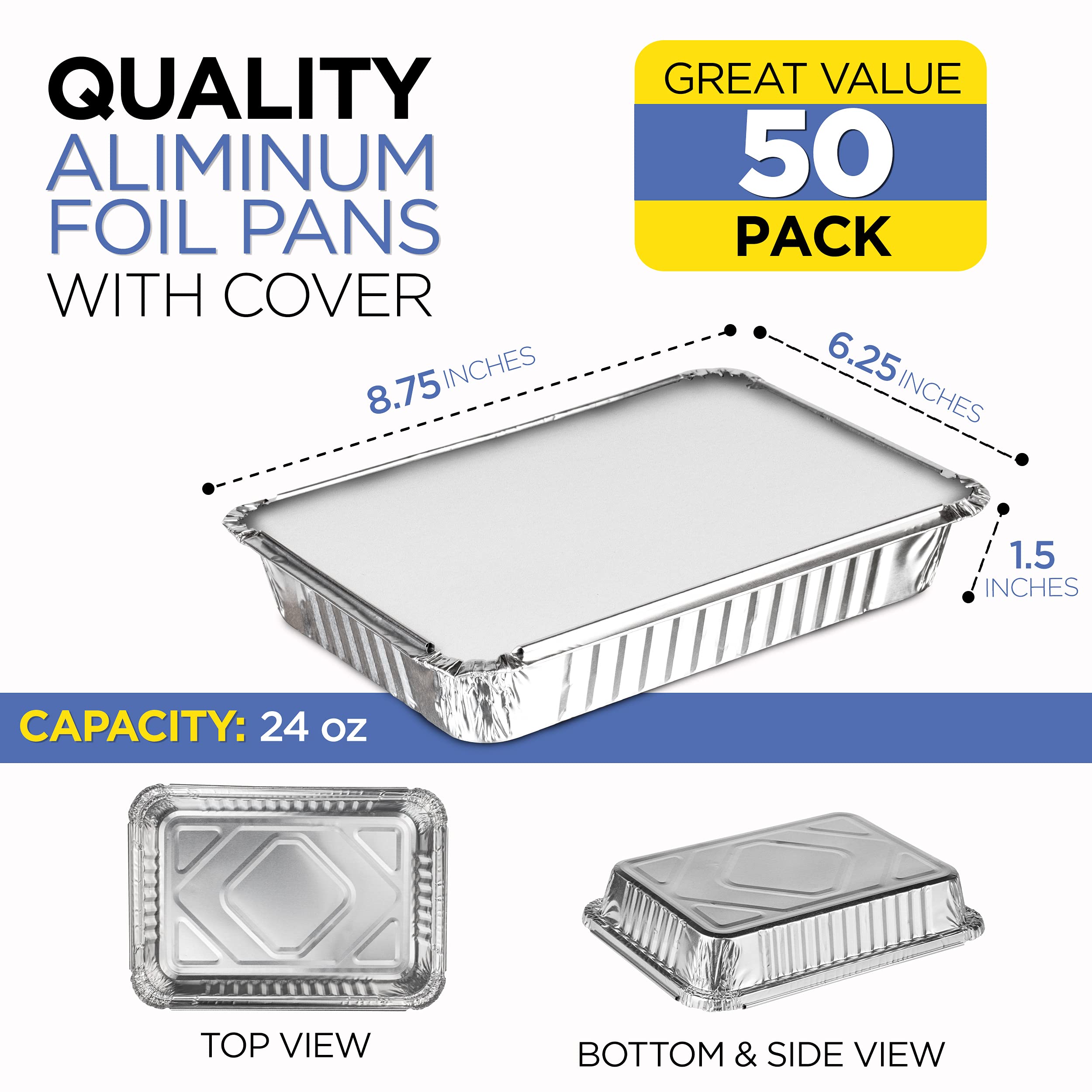 Fit Meal Prep 50 Pack 1.5 lb Aluminum Foil Pans with Lids, 8.75 x 6.25 x 1.5” Take Out Food Containers with Cardboard Cover for Spill Proof, Disposable Aluminum Baking Pan Freezer Oven Safe