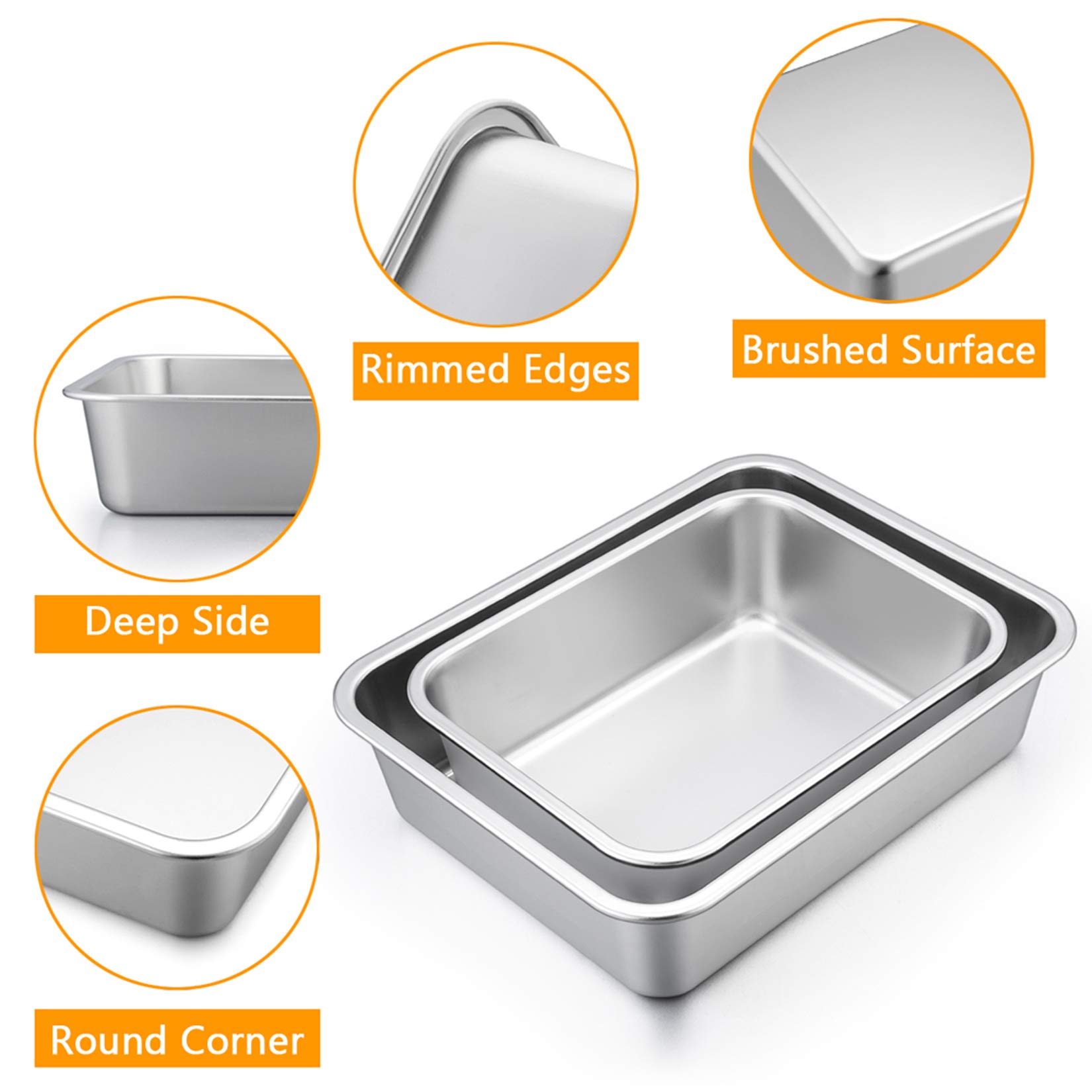 P&P CHEF Deep Lasagna Pan Set (12.7’’ & 10.7 Stainless Steel Rectangular Baking Pan for Brownie/Cake/Meat, Non-Toxic & Heavy Duty, Deep Side & Rolled Rim, Brushed Surface & Dishwasher Safe