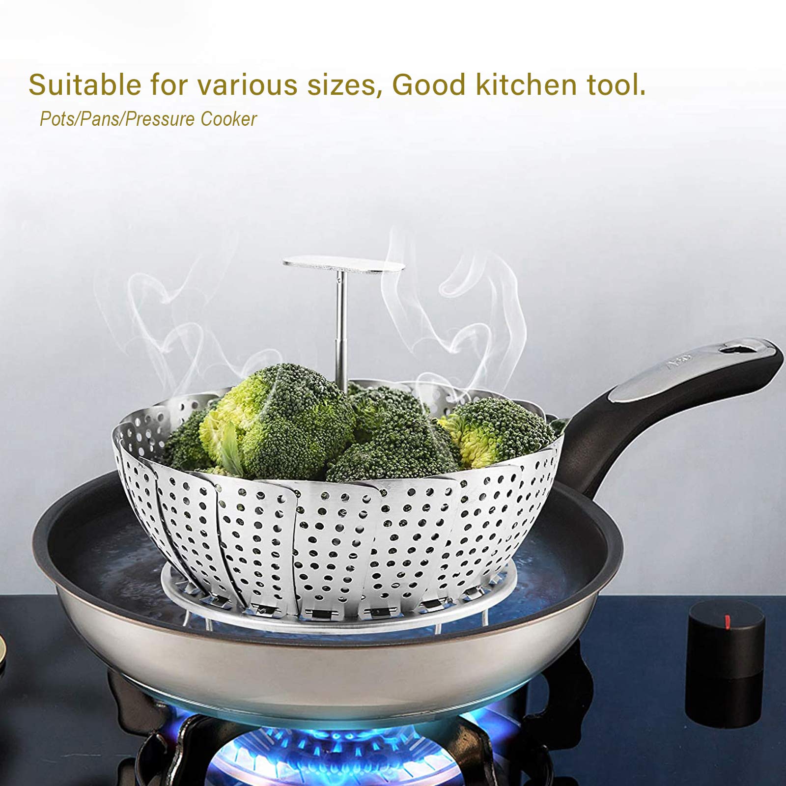 Vegetable Steamer Basket, Stainless Steel Folding Steamer, Insert for Veggie Fish Seafood Cooking, Expandable to Fit Various Size Pot(5.1" to 9")