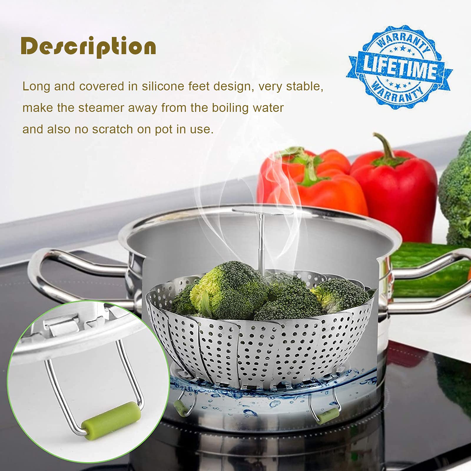 Vegetable Steamer Basket, Stainless Steel Folding Steamer, Insert for Veggie Fish Seafood Cooking, Expandable to Fit Various Size Pot(5.1" to 9")