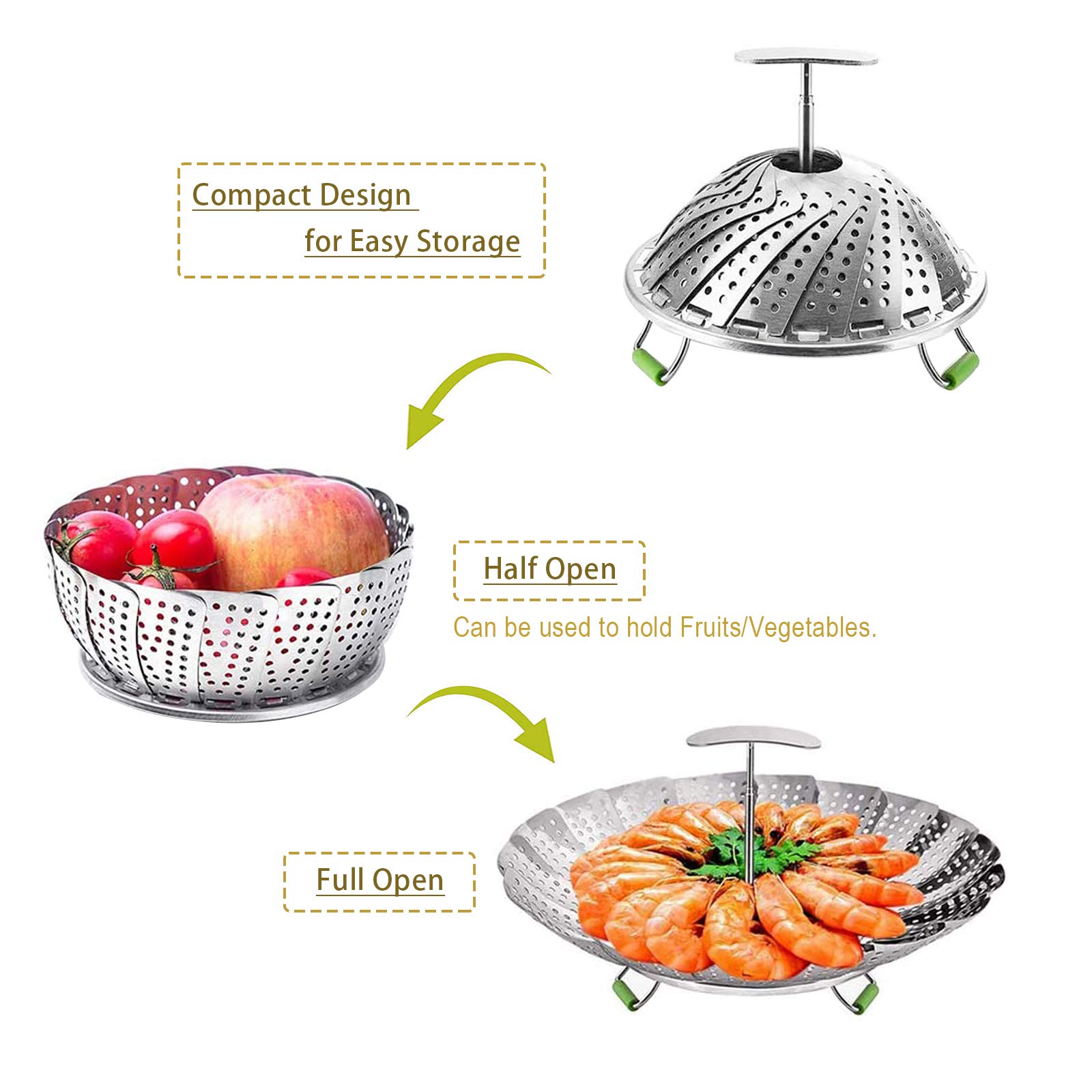 Vegetable Steamer Basket, Stainless Steel Folding Steamer, Insert for Veggie Fish Seafood Cooking, Expandable to Fit Various Size Pot(5.1" to 9")