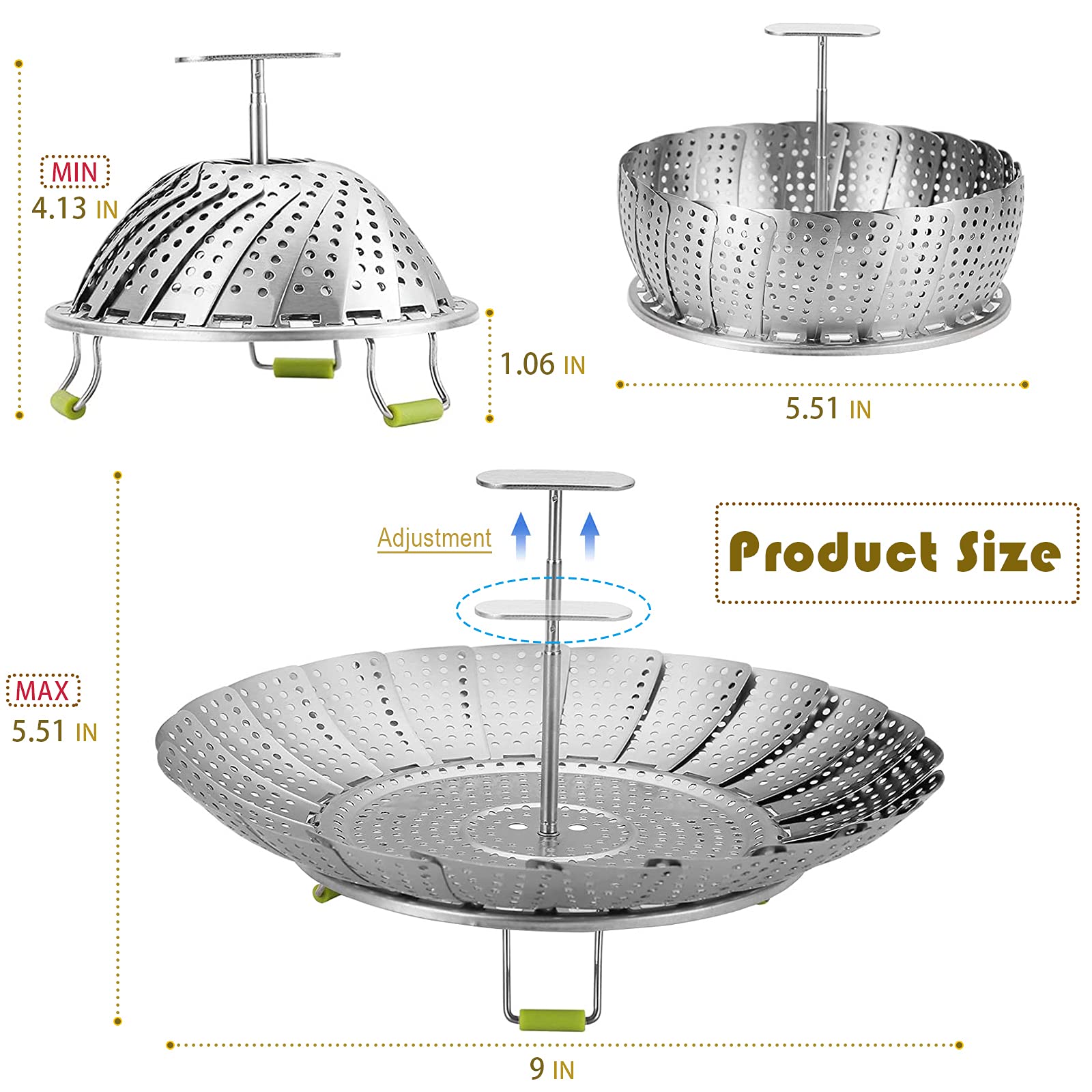 Vegetable Steamer Basket, Stainless Steel Folding Steamer, Insert for Veggie Fish Seafood Cooking, Expandable to Fit Various Size Pot(5.1" to 9")