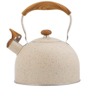 2.6 quart/2.5 liter whistling tea kettle stainless steel tea pots for stove top stylish kettle with wood pattern anti-slip handle, white