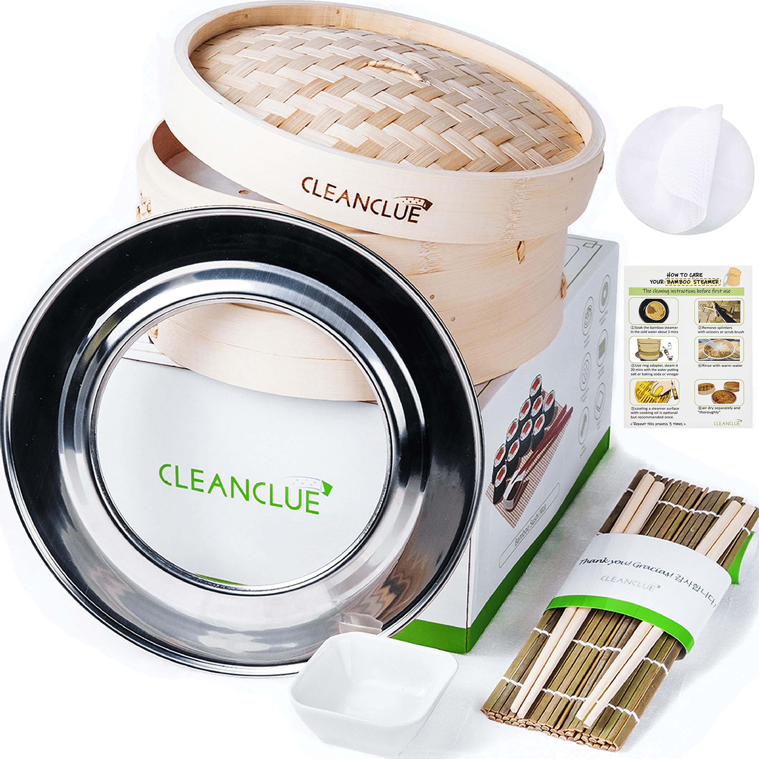 Cleanclue Bamboo Steamer Basket 10 inch and Sushi Roller Gift Set for Cooking - Asian Food(Korean, Japanese, Chinese - Bao Bun, Dim Sum, Sticky Rice) with Steam Ring - 2 Tier Dumpling Steamer Basket