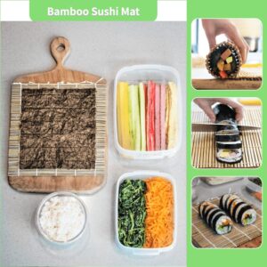 Cleanclue Bamboo Steamer Basket 10 inch and Sushi Roller Gift Set for Cooking - Asian Food(Korean, Japanese, Chinese - Bao Bun, Dim Sum, Sticky Rice) with Steam Ring - 2 Tier Dumpling Steamer Basket