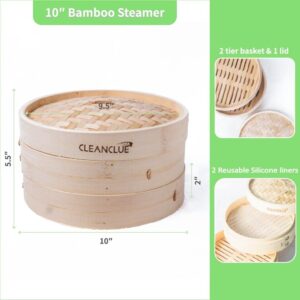 Cleanclue Bamboo Steamer Basket 10 inch and Sushi Roller Gift Set for Cooking - Asian Food(Korean, Japanese, Chinese - Bao Bun, Dim Sum, Sticky Rice) with Steam Ring - 2 Tier Dumpling Steamer Basket