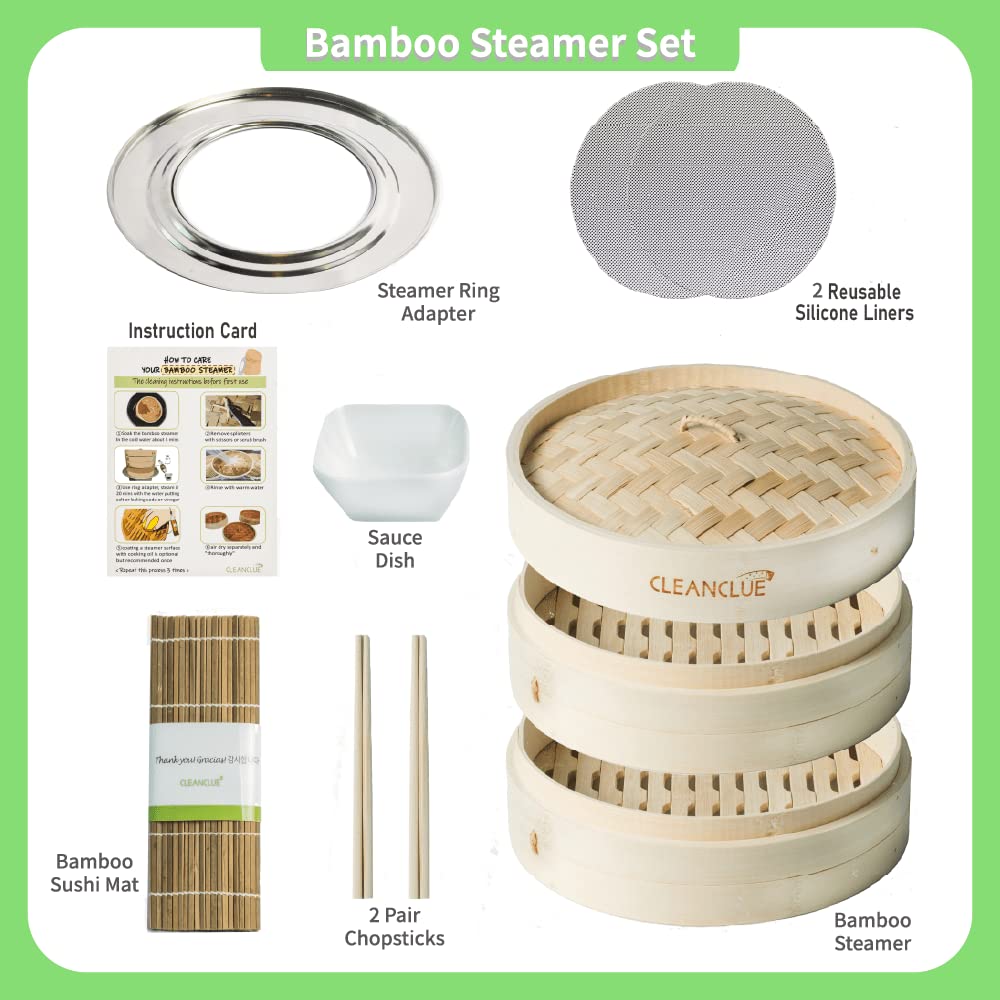 Cleanclue Bamboo Steamer Basket 10 inch and Sushi Roller Gift Set for Cooking - Asian Food(Korean, Japanese, Chinese - Bao Bun, Dim Sum, Sticky Rice) with Steam Ring - 2 Tier Dumpling Steamer Basket