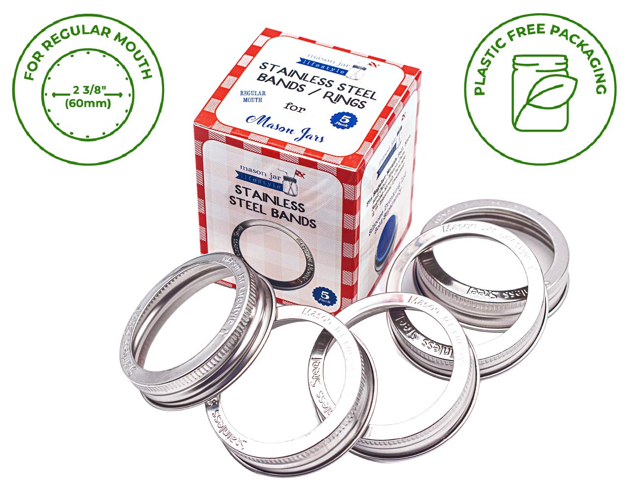 Stainless Steel Rust Proof Bands/Rings for Mason, Ball, Canning Jars (5 Pack, Regular Mouth)