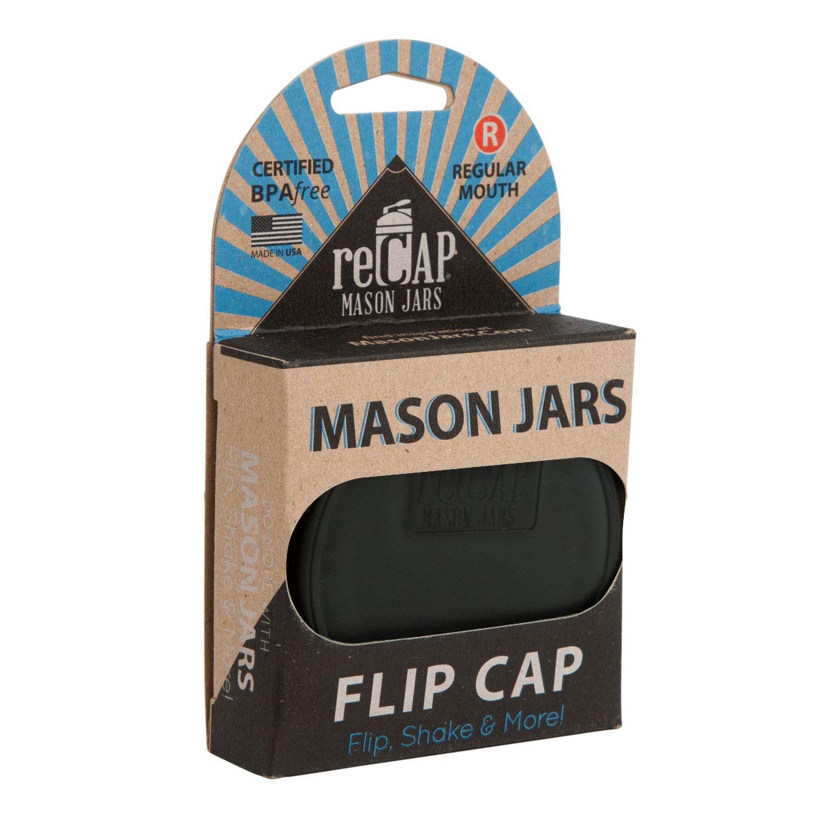 reCAP Mason Jars Lid FLIP Cap | Regular Mouth | Black | 4 Pack | BPA-Free | USA Made Mason Jar Lids | Leak-Proof | Made with Safe No-Break Materials | Jar not included