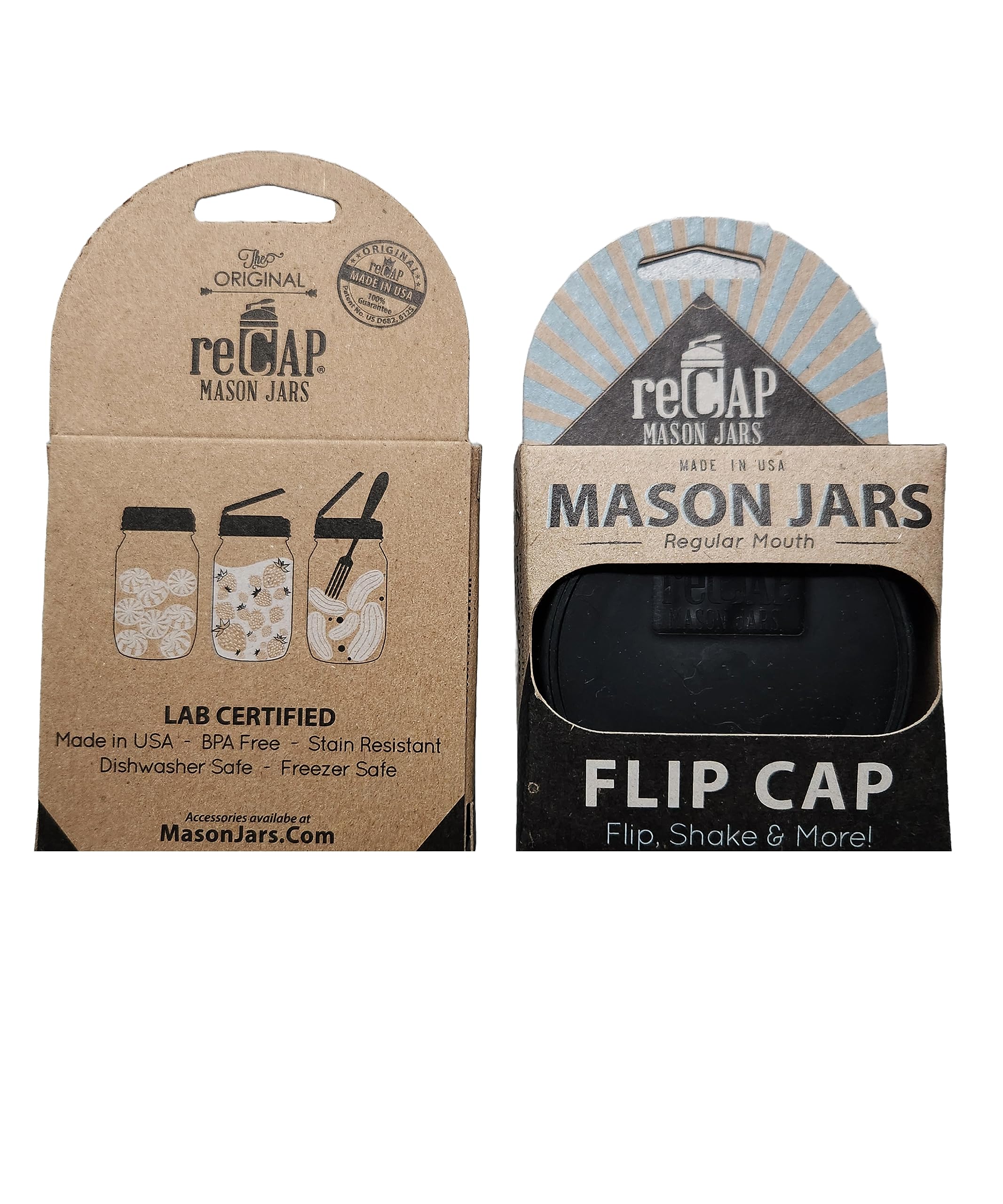 reCAP Mason Jars Lid FLIP Cap | Regular Mouth | Black | 4 Pack | BPA-Free | USA Made Mason Jar Lids | Leak-Proof | Made with Safe No-Break Materials | Jar not included