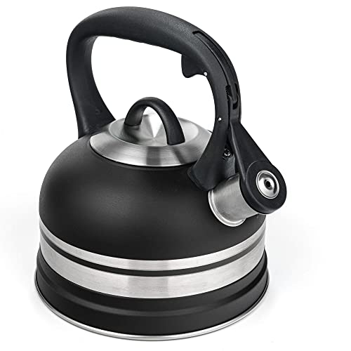 Kanmart Whistling Tea Kettle: 2.5 Quart Premium Stainless Steel Kettle with Capsule Bottom & Anti-Hot Ergonomic Handle, Tea Pot for Stove Top Gas Electric Applicable - Black