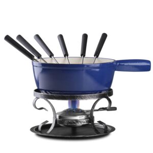 artestia swiss traditional cast iron cheese fondue pot set, cast iron fondue set for cheese, meat & chocolate (blue)