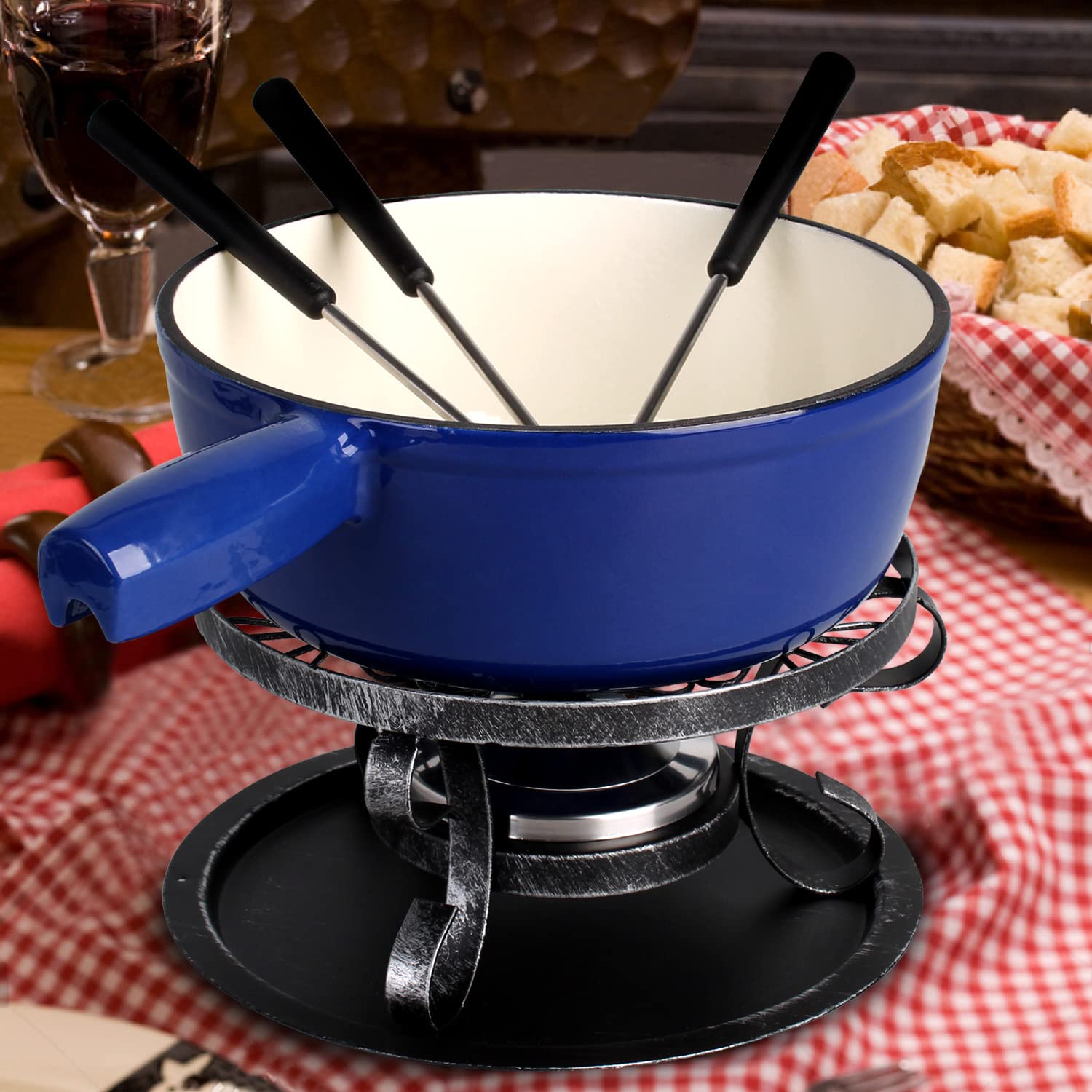 Artestia Swiss Traditional Cast Iron Cheese Fondue Pot Set, Cast Iron Fondue Set For Cheese, Meat & Chocolate (Blue)