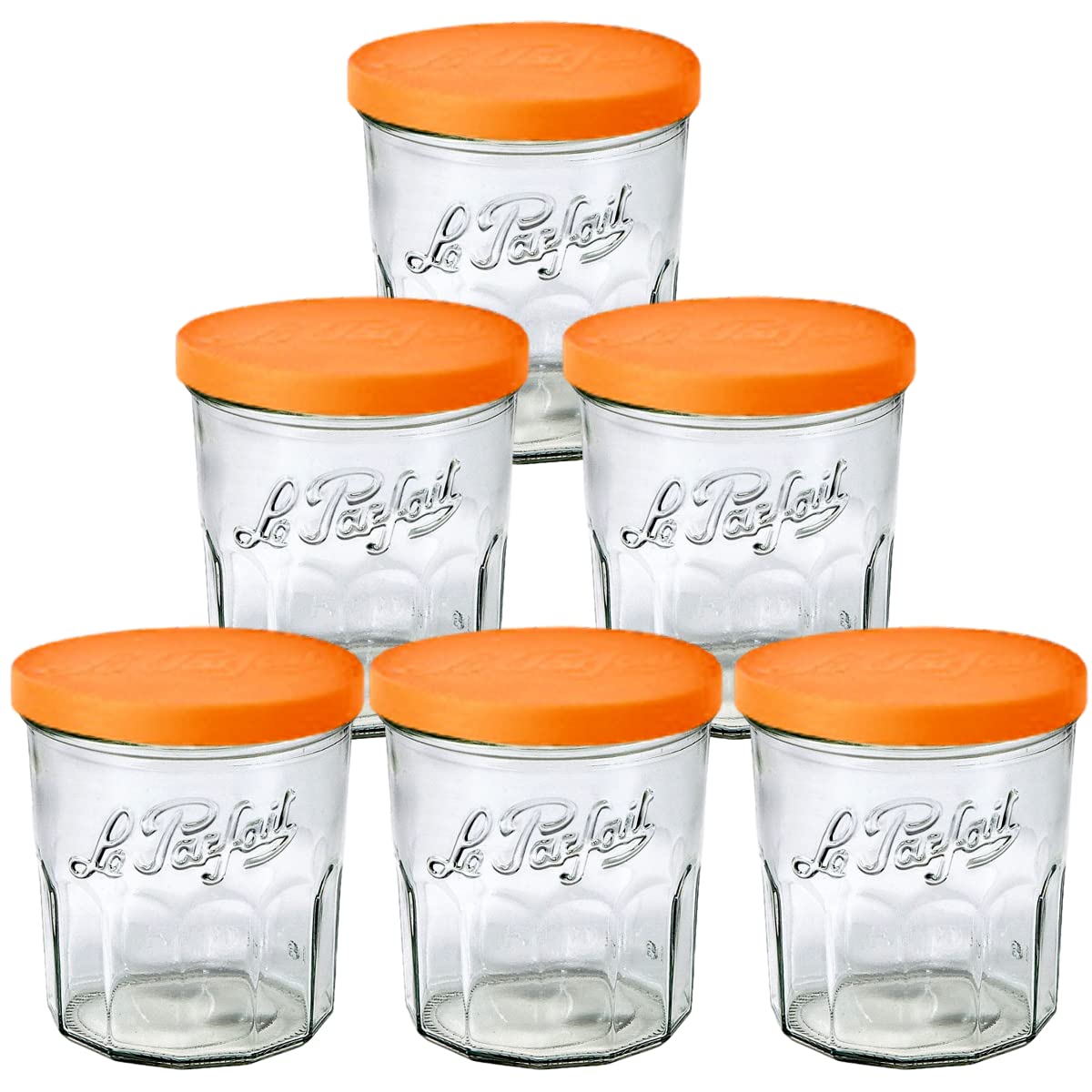 Le Parfait Jam Pots Clear Jars with Orange Snap Lids | Sturdy French Faceted Non-Slip Glass Body | Works as Drinking Glass Cup for Iced Tea or Coffee & Spice Storage | 11oz (Pack of 6) 324ml