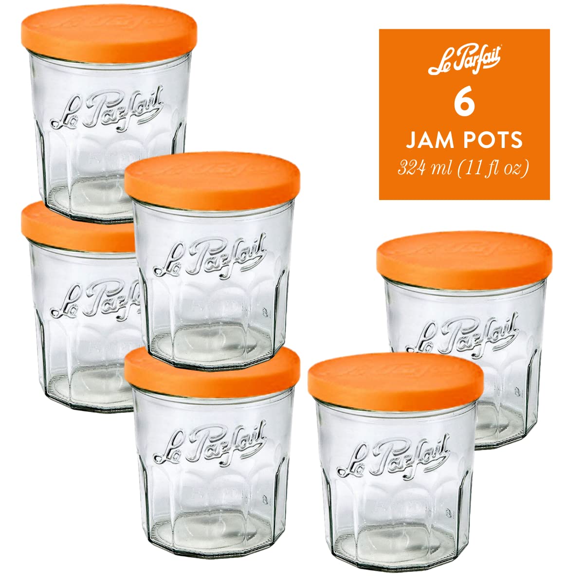 Le Parfait Jam Pots Clear Jars with Orange Snap Lids | Sturdy French Faceted Non-Slip Glass Body | Works as Drinking Glass Cup for Iced Tea or Coffee & Spice Storage | 11oz (Pack of 6) 324ml