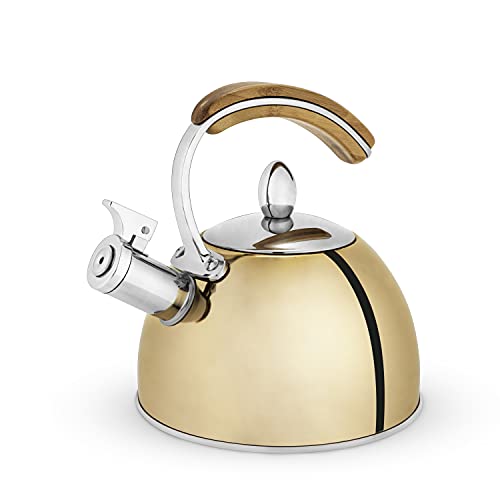 Pinky Up Presley Tea Kettle, Stovetop Stainless Steel Kettle, Whistling, Tea Accessorie gifts, Fast Boil Water Kettle, Wooden Handle, 70 oz, Gold