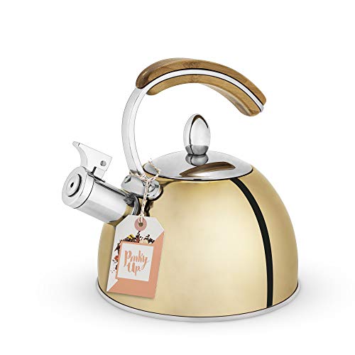 Pinky Up Presley Tea Kettle, Stovetop Stainless Steel Kettle, Whistling, Tea Accessorie gifts, Fast Boil Water Kettle, Wooden Handle, 70 oz, Gold