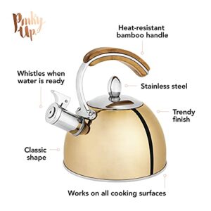 Pinky Up Presley Tea Kettle, Stovetop Stainless Steel Kettle, Whistling, Tea Accessorie gifts, Fast Boil Water Kettle, Wooden Handle, 70 oz, Gold