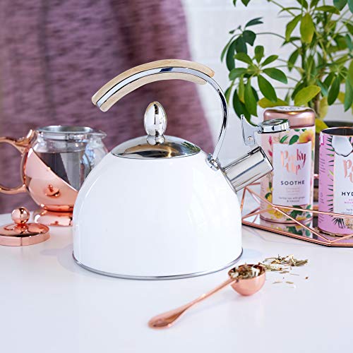 Pinky Up Presley Tea Kettle, Stovetop Stainless Steel Kettle, Whistling, Tea Accessorie gifts, Fast Boil Water Kettle, Wooden Handle, 70 oz, Gold