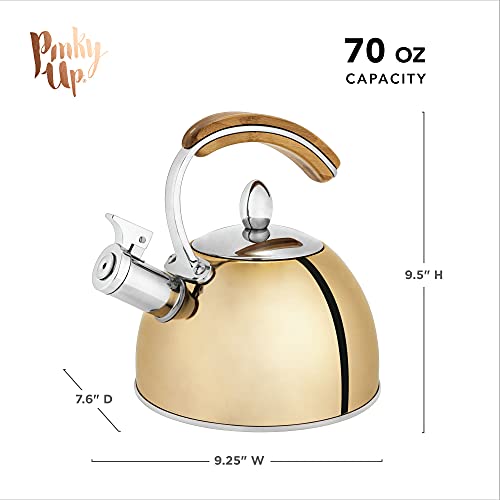 Pinky Up Presley Tea Kettle, Stovetop Stainless Steel Kettle, Whistling, Tea Accessorie gifts, Fast Boil Water Kettle, Wooden Handle, 70 oz, Gold