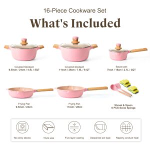 Pans and Pots Set Nonstick - YIIFEEO 16 PCS Granite Non Stick Induction Cookware W/Frying Pans for Cooking Kitchen Essentials Romantic Holiday Gifts-Non Toxic, PTFE & PFOA Free