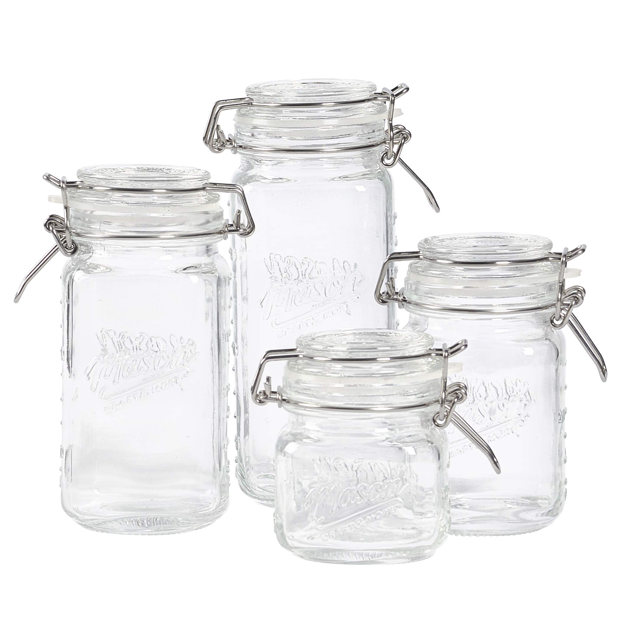 Mason Craft & More Airtight Kitchen Food Storage Clear Glass Clamp Jars, 4 Piece Mini Clamp Preserving Jar Set (7oz, 12oz, 17oz, and 22oz), (TTU-V1523)