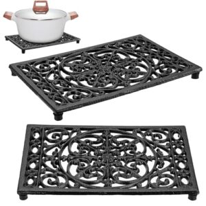 sumnacon 2pcs rectangle cast iron trivet - heat resistant iron trivet for hot dish pot pan plate teapot, rustic cast iron hot dish plate holder for kitchen dining table countertop cooktop