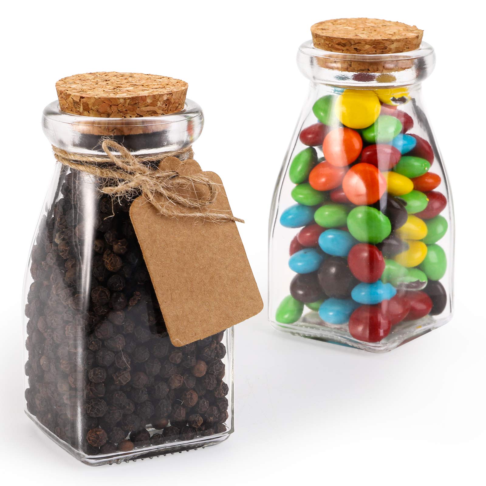 yarlung 30 Pack Glass Favor Jars with Cork Lids, Clear Small Candy Jars 4 Oz Square Decorative Bottles for Valentine's Day Gift, Party Favor, Brown Labels and Strings