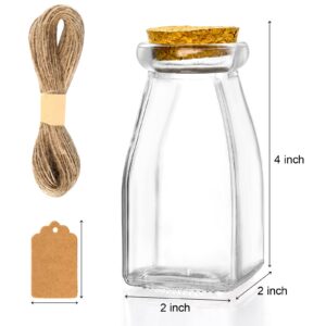 yarlung 30 Pack Glass Favor Jars with Cork Lids, Clear Small Candy Jars 4 Oz Square Decorative Bottles for Valentine's Day Gift, Party Favor, Brown Labels and Strings