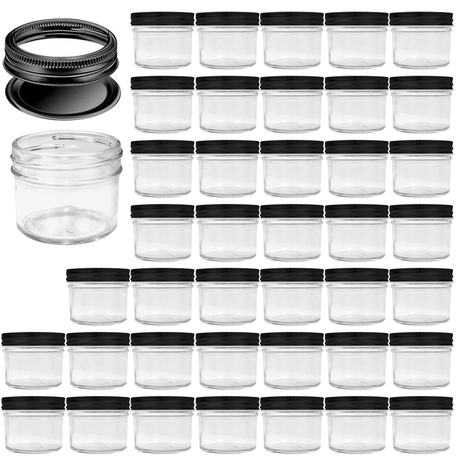 4oz Glass Jars With Lids And Bands,Small Mason Jars Wide Mouth,Mini Canning Jars With Black Lids For Honey,Jam,Jelly,Baby Foods,Wedding Favor,Shower Favors,Spice Jars For Kitchen & Home,Set of 40