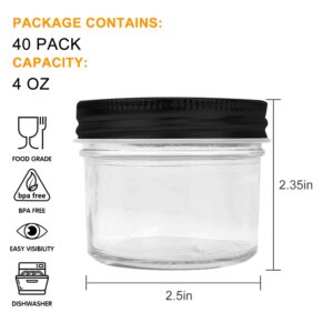 4oz Glass Jars With Lids And Bands,Small Mason Jars Wide Mouth,Mini Canning Jars With Black Lids For Honey,Jam,Jelly,Baby Foods,Wedding Favor,Shower Favors,Spice Jars For Kitchen & Home,Set of 40