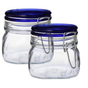 bormioli rocco fido collection, 2 pack, 17 oz. food storage glass jars, airtight rubber seal & glass lid, with stainless wire clamp, made in italy.