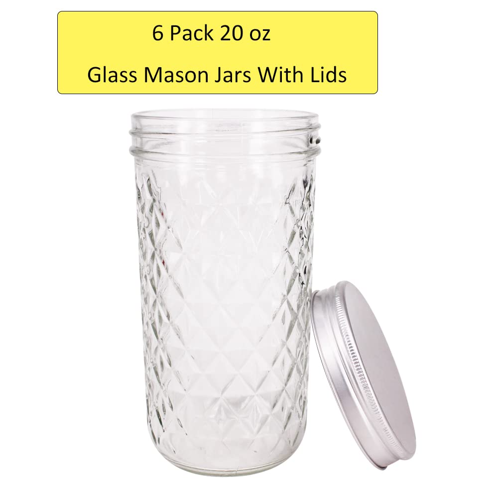 BPFY 6 Pack 20 oz Glass Mason Jars With Lids, Canning Jars for Jam, Honey, Baby Food, Candy, Cookie, Wedding Favor Decorating Jelly Jar, Candle Holder